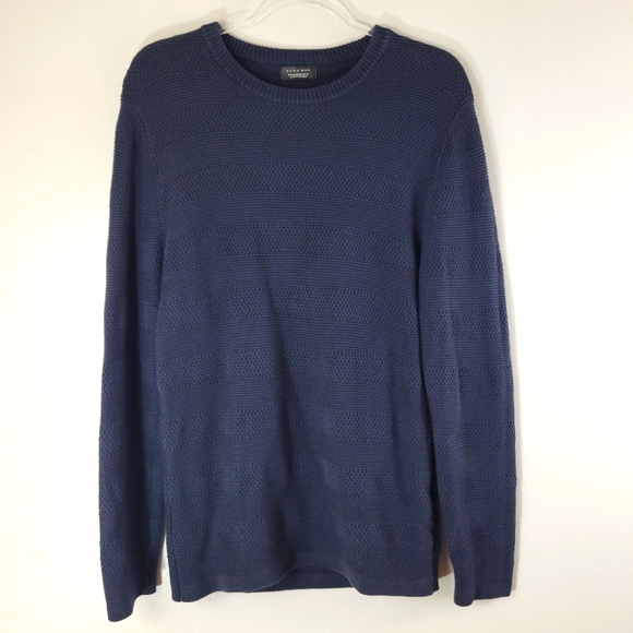 Zara | Sweaters | Zara Man Navy Textured Stripe Cotton Knit Crewneck ...